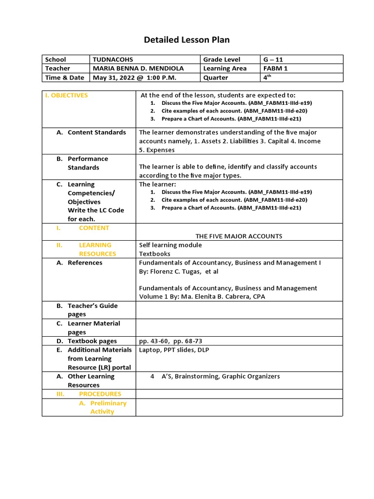 FABM 1 Lesson Plan: Major Accounts | PDF | Expense | Income