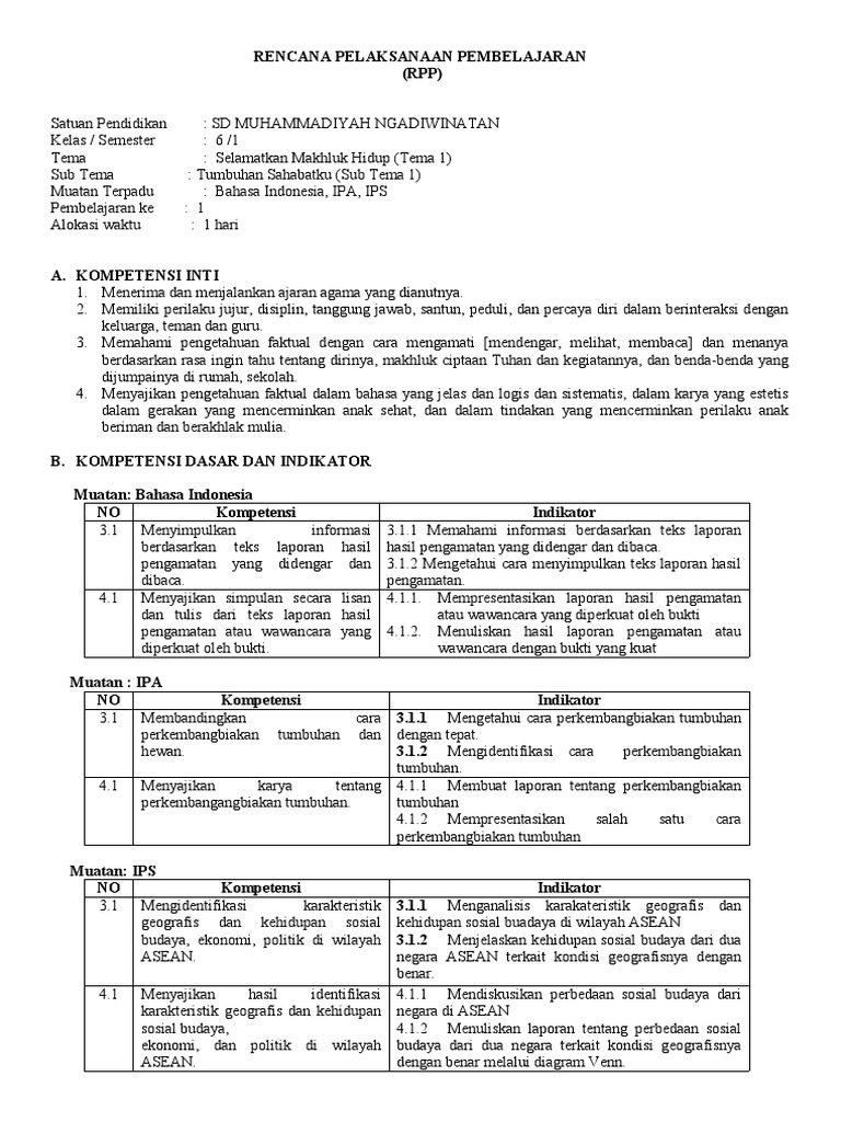 RPP TEMA 1 Subtema 1 Kelas 6 B | PDF