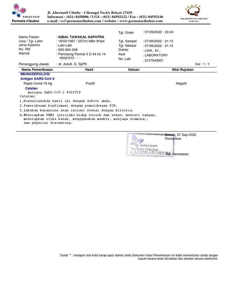 RS Permata Cibubur-Iqbal Tawakal Saputra-Hasil Antigen | PDF