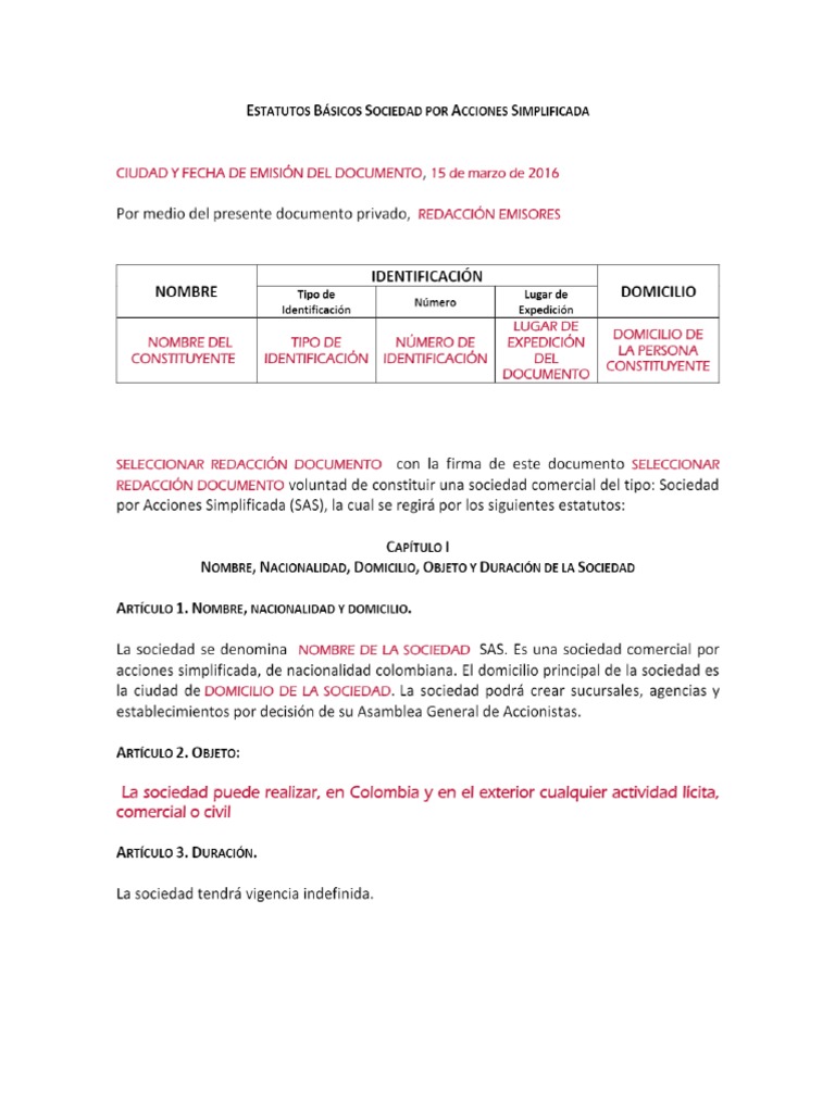 Modelo de Estatutos. Acto Constitutivo Sociedad Por Acciones ...