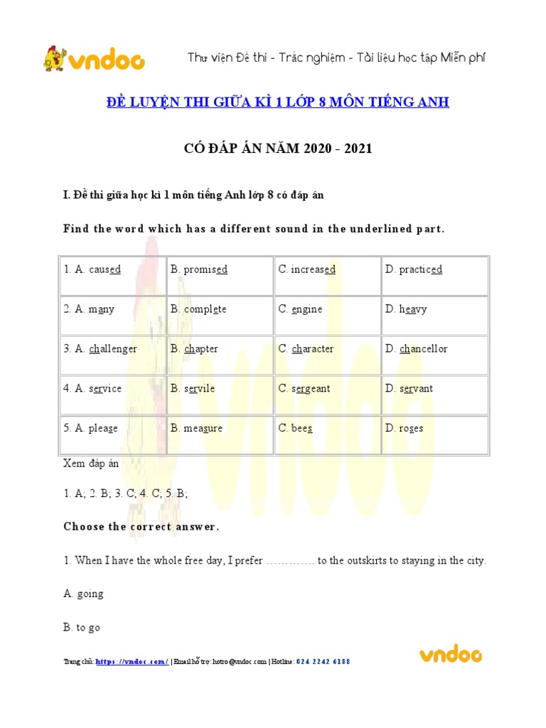 De Thi Giua Hoc Ki 1 Lop 8 Mon Tieng Anh Thi Diem Co Dap An | PDF