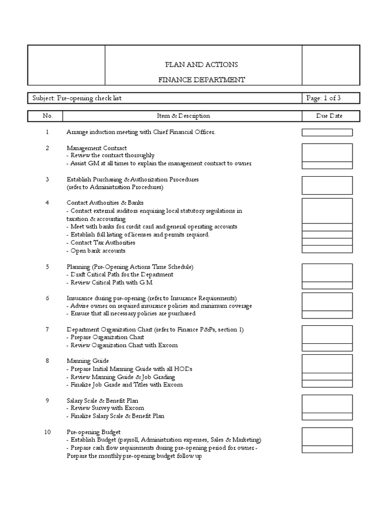 Finance Pre-Opening Checklist | PDF | Financial Services | Economies