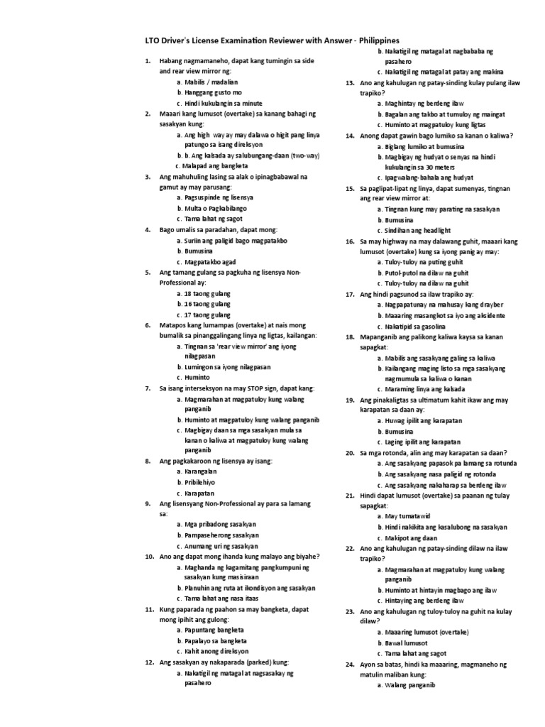 LTO Drivers License Exam Reviewer Questionaire | PDF