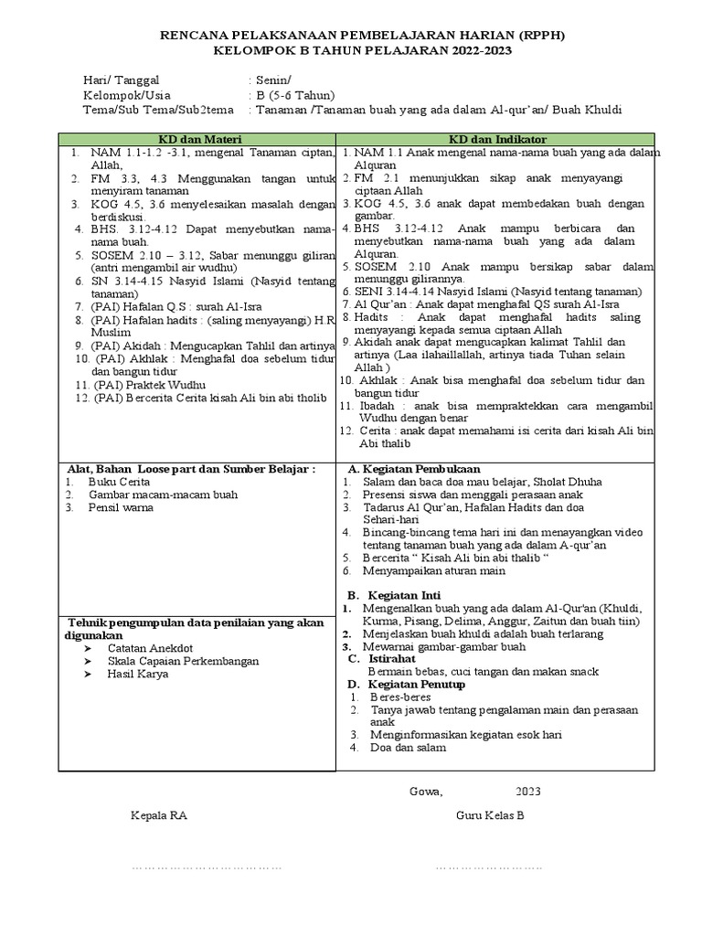 RPPH Tema Tanaman Buah Kelas B | PDF