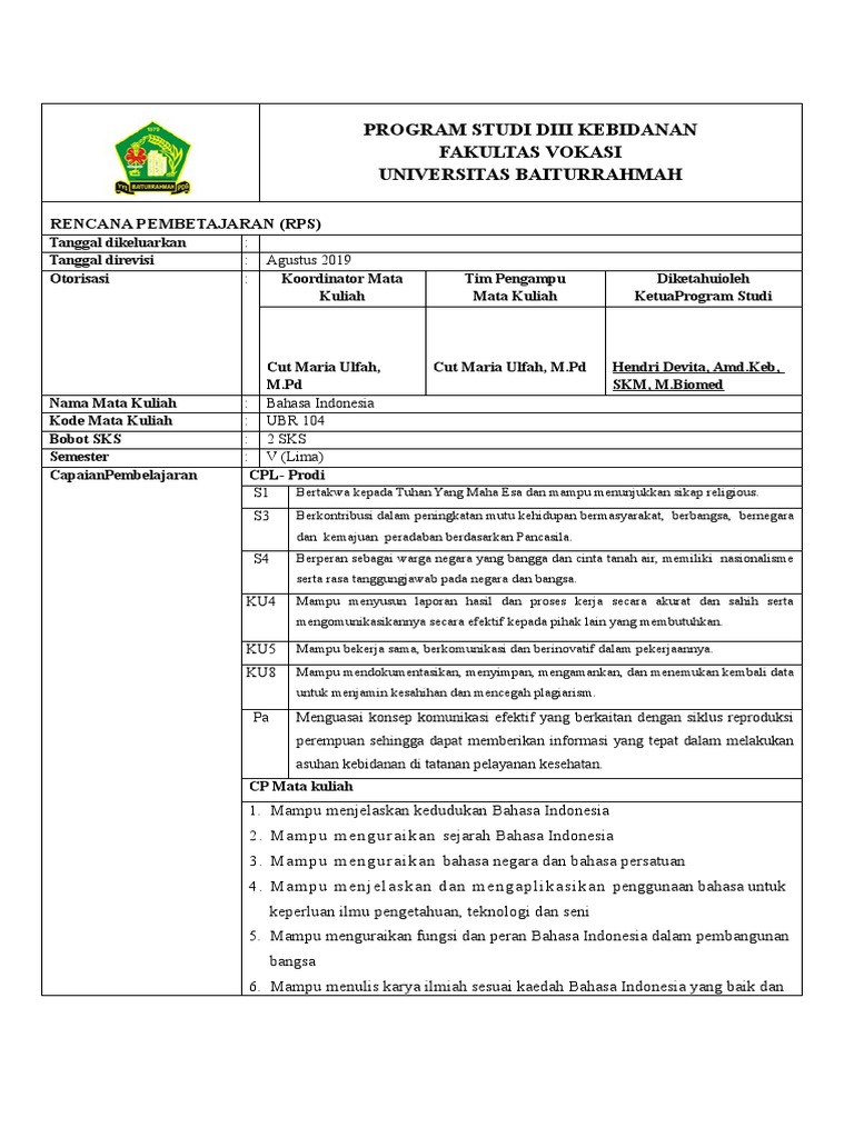 RPS Bahasa Indonesia | PDF | Karier & Perkembangan | Seni & Disiplin Bahasa