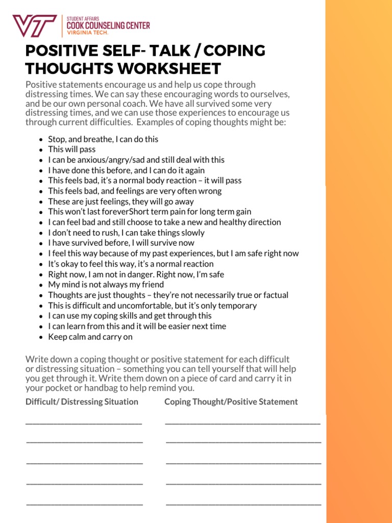 Positive Self - Talk and Coping Thoughts Worksheet | PDF