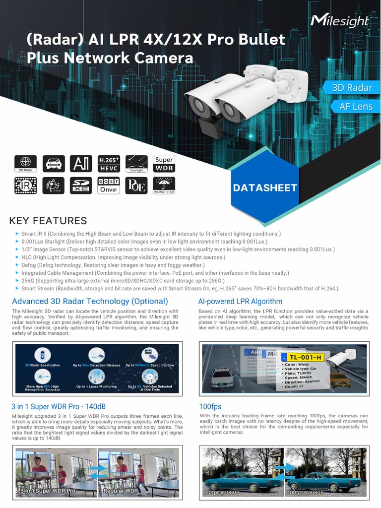 Milesight Radar AI LPR 4X&12X Pro Bullet Plus Network Camera Datasheet en | PDF | Camera Lens ...