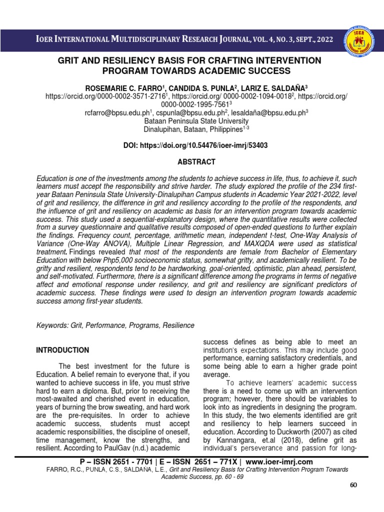 Grit and Resiliency Basis For Crafting Intervention Program Towards ...