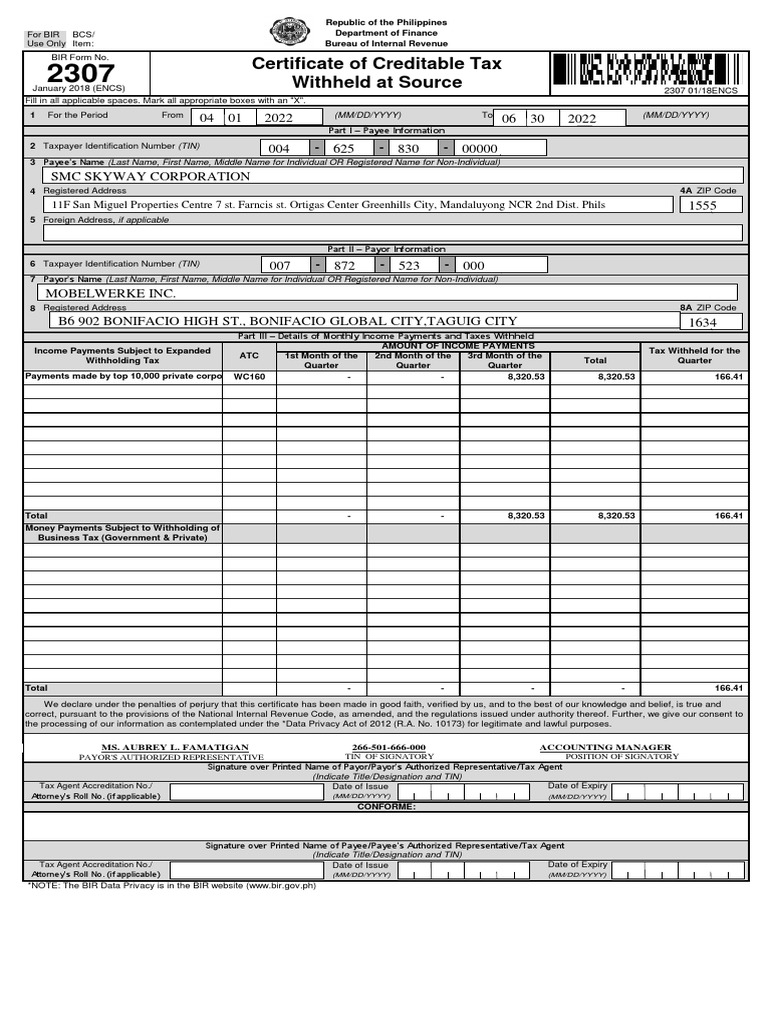 2307 - SMC | PDF | Payments | Taxpayer