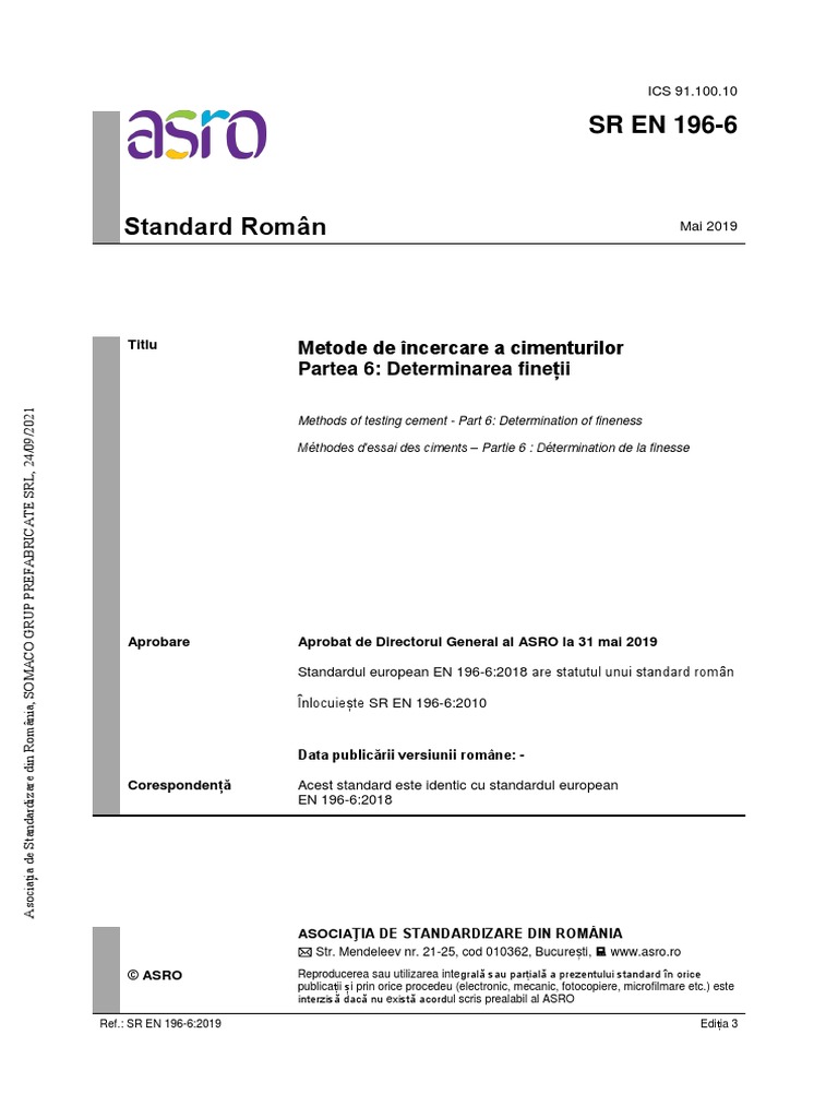 SR en 196-6-2019 Metode de Încercare A Cimenturilor. Partea 6 Determinarea Fineții en | PDF ...