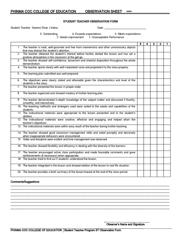 Student Teacher Observation Form 1 | PDF | Teachers | Teaching Method