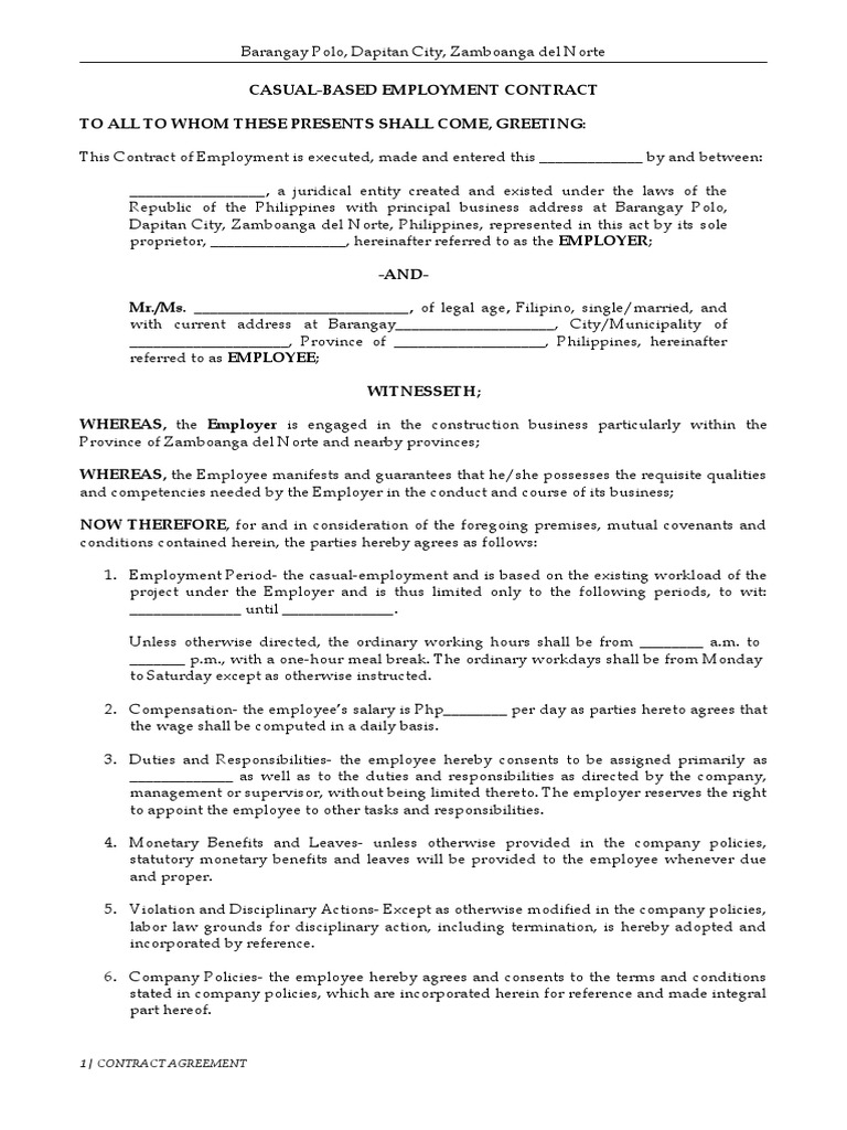 Casual Construction Job Contract | PDF | Employment | Working Time