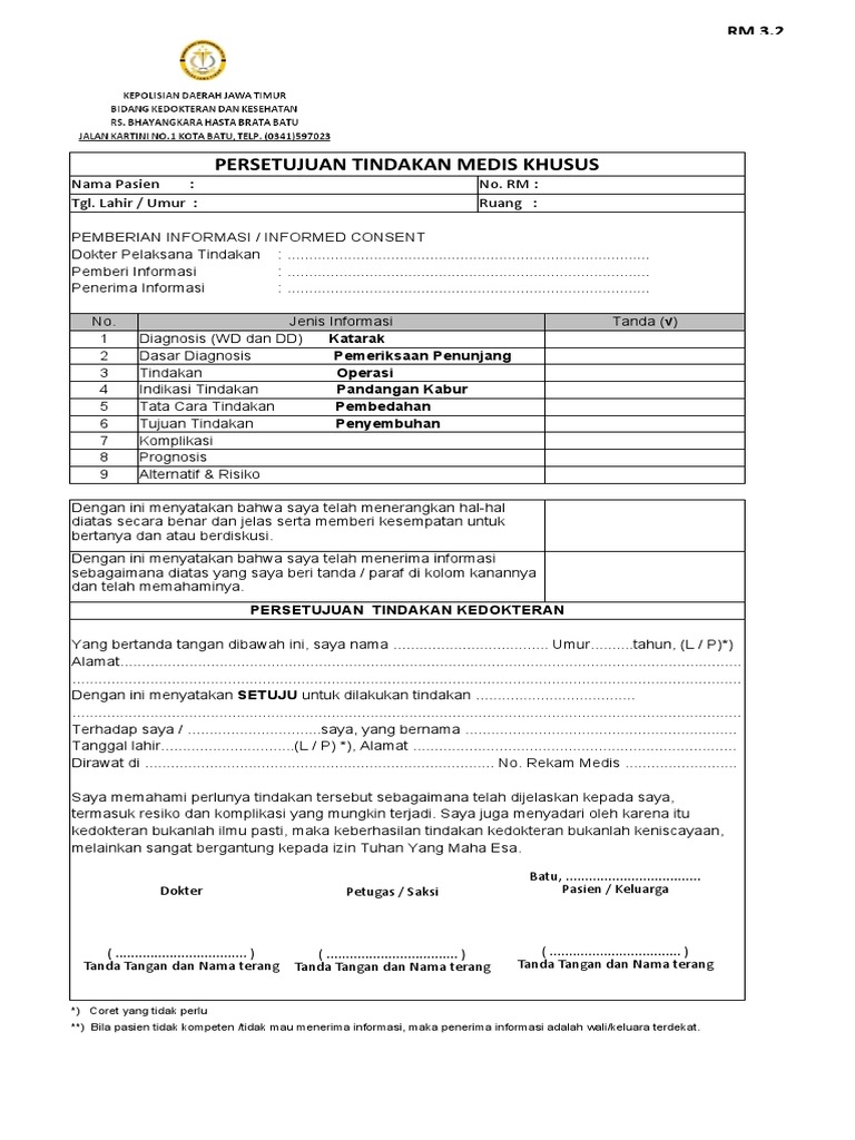 Persetujuan Medis Operasi Katarak | PDF