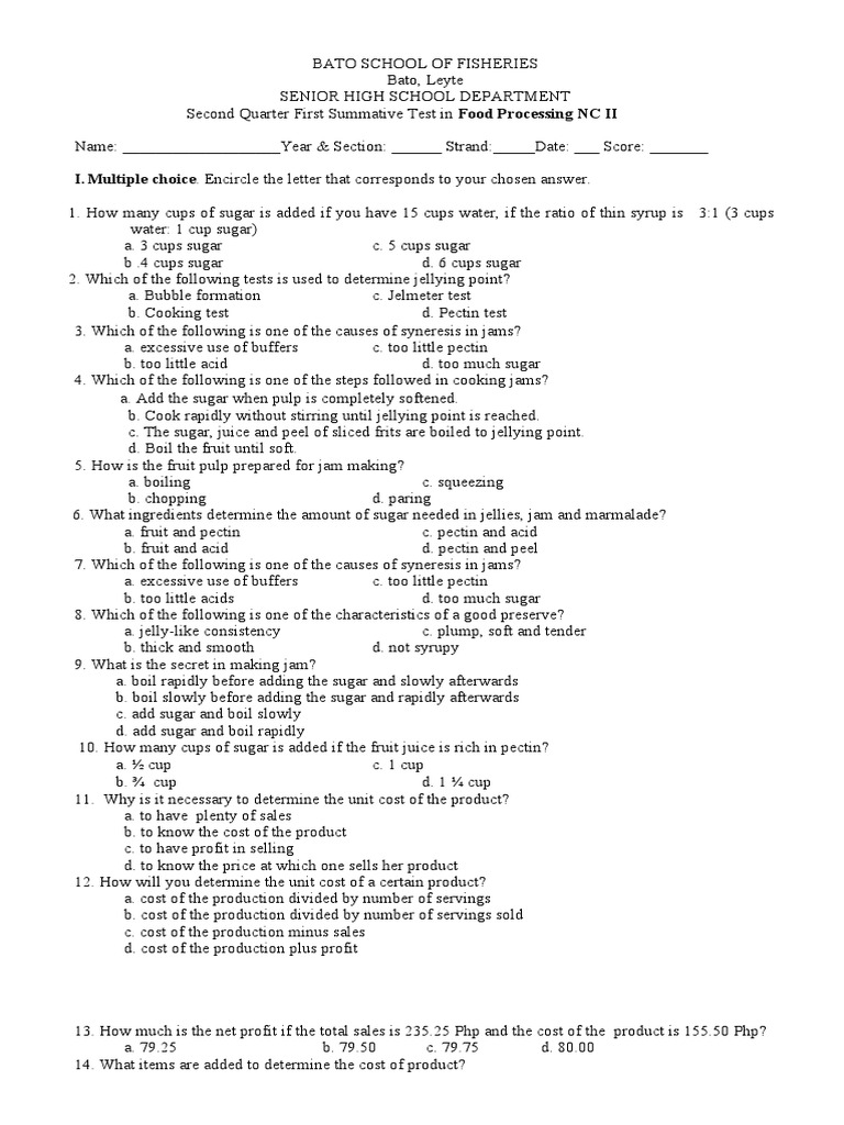 Week 3 2nd Quarter 1st Summative Test Food Processing 12 Edited | PDF ...