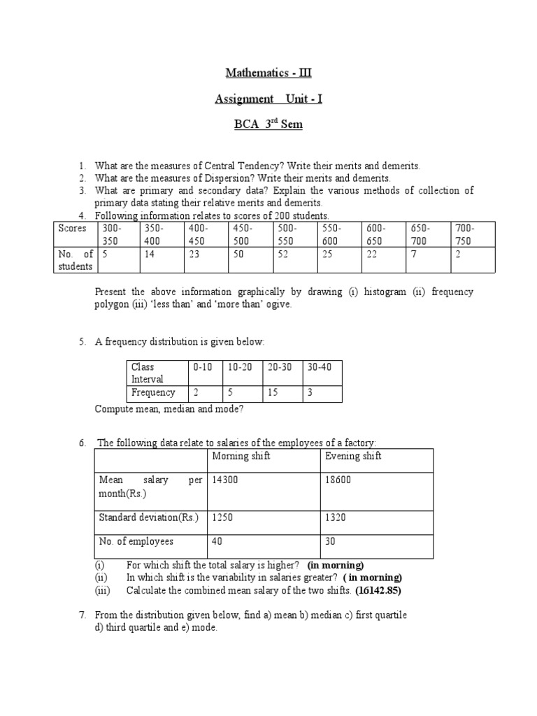 Assignment Unit I | PDF | Mean | Standard Deviation