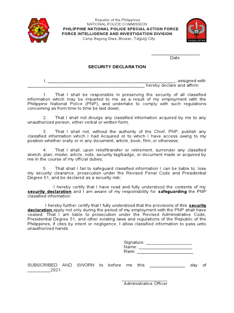 Security Declaration Form - Long Size | PDF | Classified Information | Common Law
