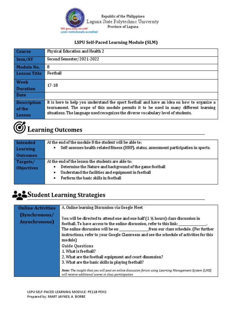 Module-8-Shs Peh11b SLM Football | PDF | Association Football | Learning