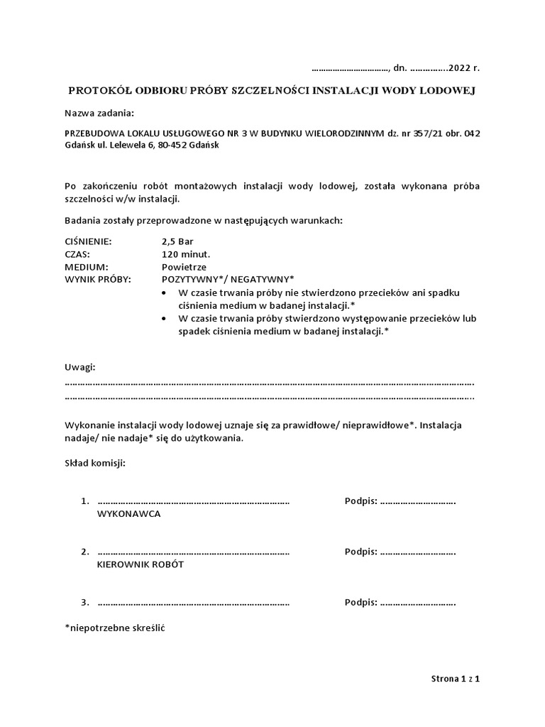 Protokół Odbioru Próby Szczelności Instalacji Wody Lodowej | PDF
