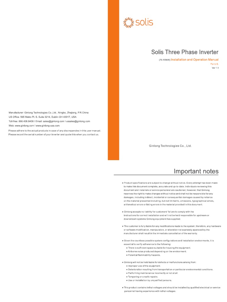 Solis Manual 75 100K 5G USA V1,1 | PDF