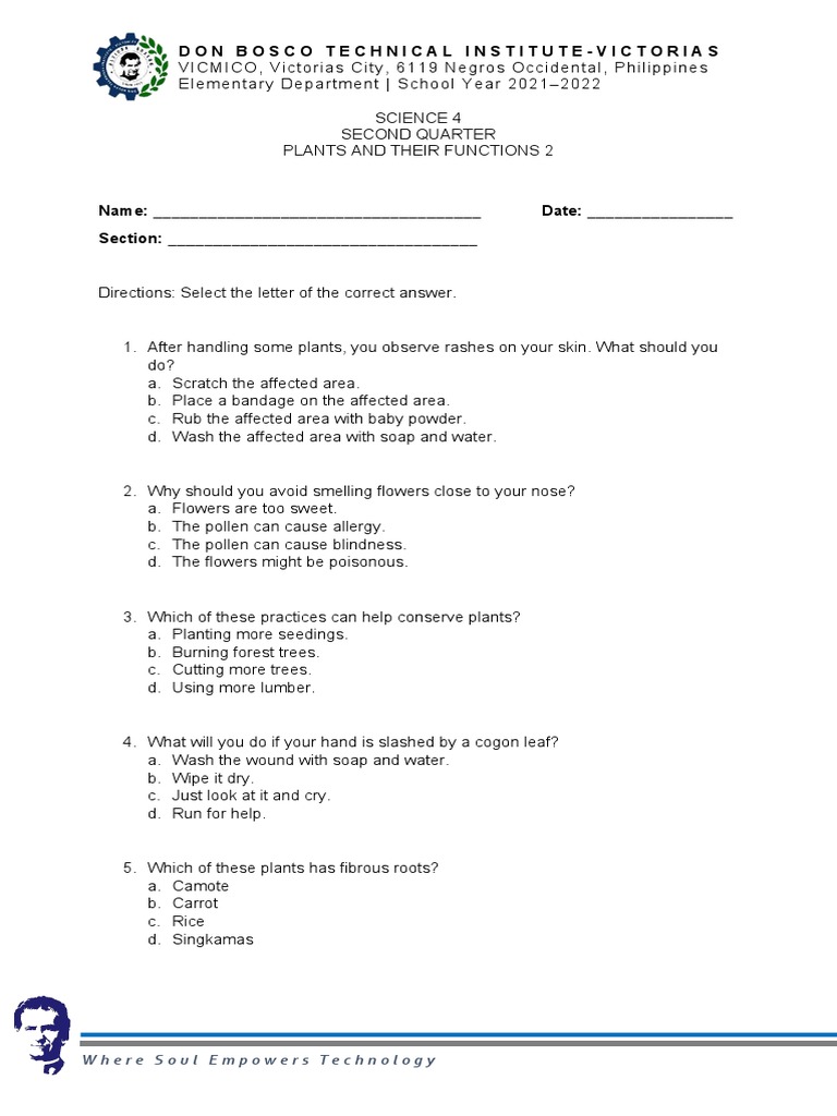 Grade 4 Plant Quiz with Answers | PDF | Plants | Flowers