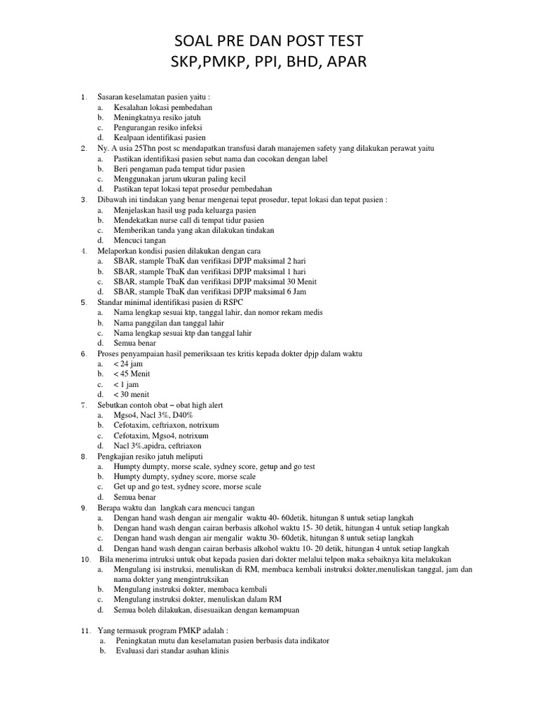 Soal Pre Post Test Akreditasi SKP, PMKP, Ppi, BHD, Apar | PDF
