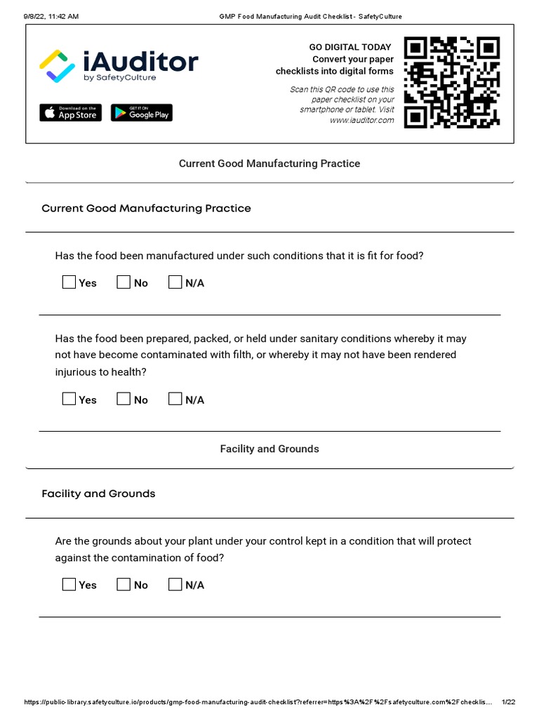 GMP Food Manufacturing Audit Checklist - SafetyCulture | Download Free ...