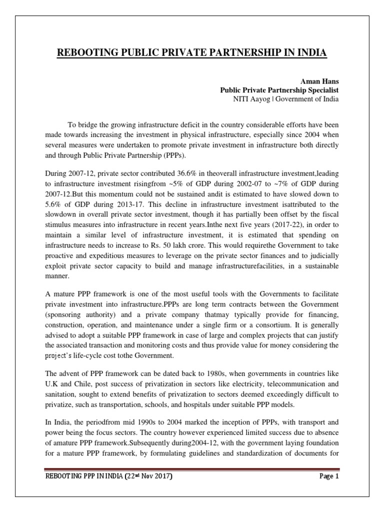 Revamping PPP Framework in India | PDF | Public–Private Partnership ...