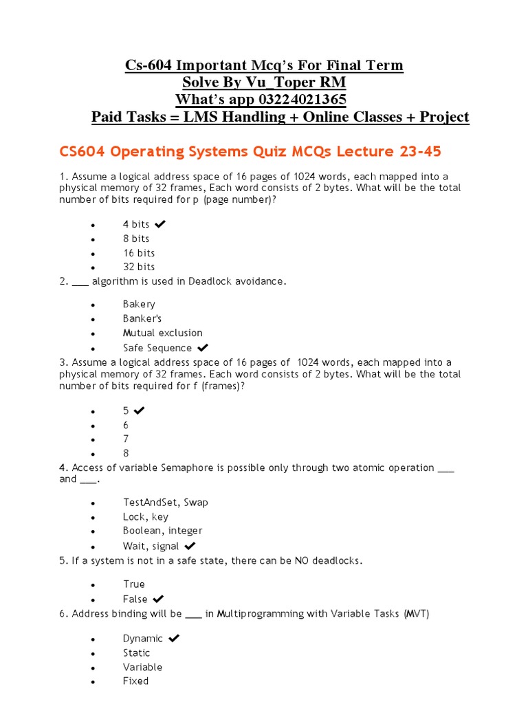 CS604 Quiz-4 File by Vu Topper RM | PDF | Operating System | Computer Data Storage