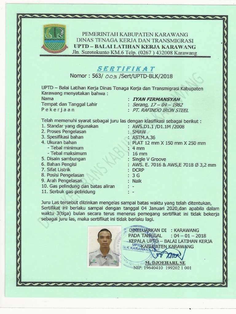 Sertifikat Welder 2018-2020 | PDF