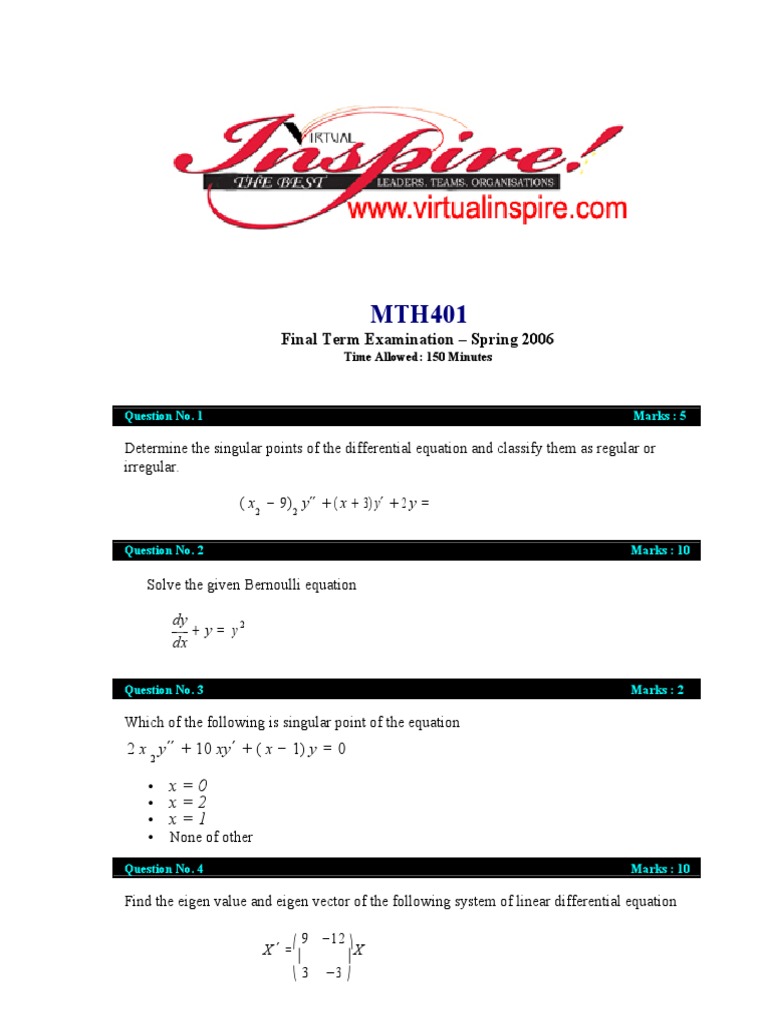 Mth401 Subjective Final Term | PDF | Equations | Ordinary Differential Equation