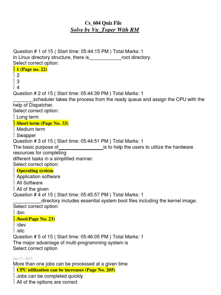 CS-604 Quiz-4 File by Vu Topper RM | PDF | Process (Computing) | Operating System
