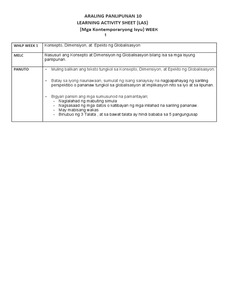 Araling Panlipunan 10 Learning Activity Sheet (Las) (Mga ...
