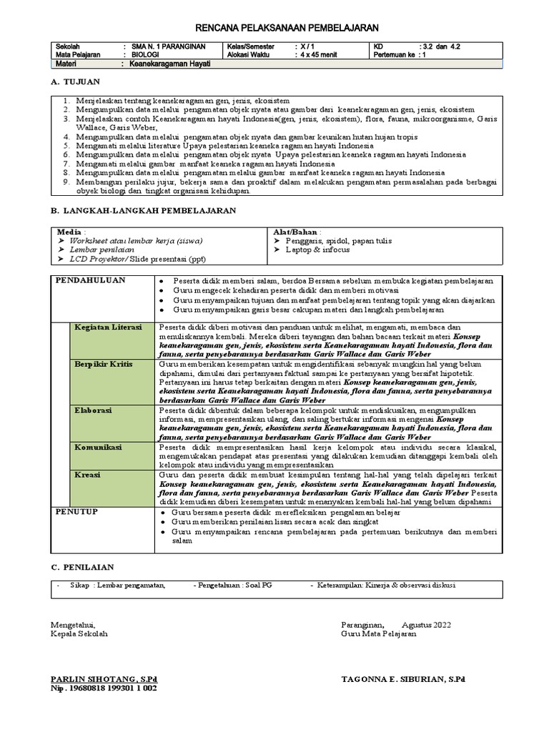RPP Biologi Kelas X (Keanekaragaman Hayati) | PDF