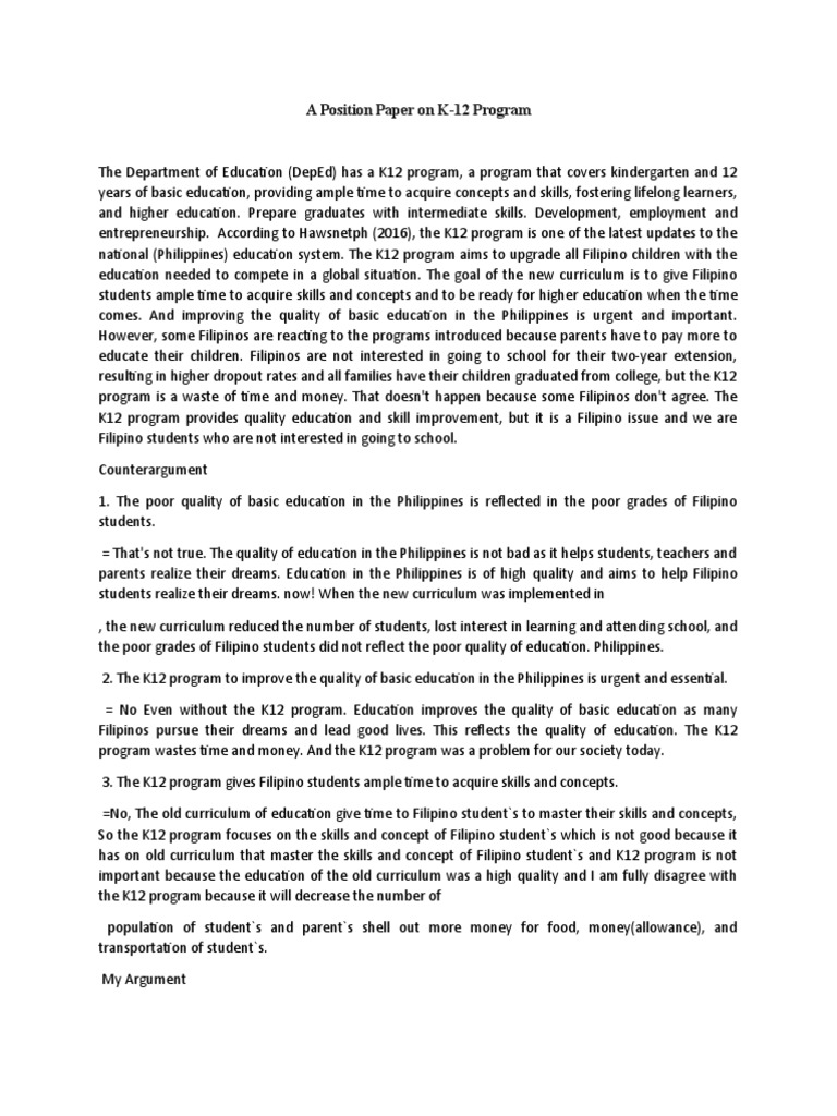 A Position Paper On k12 | PDF | Curriculum | Behavior Modification