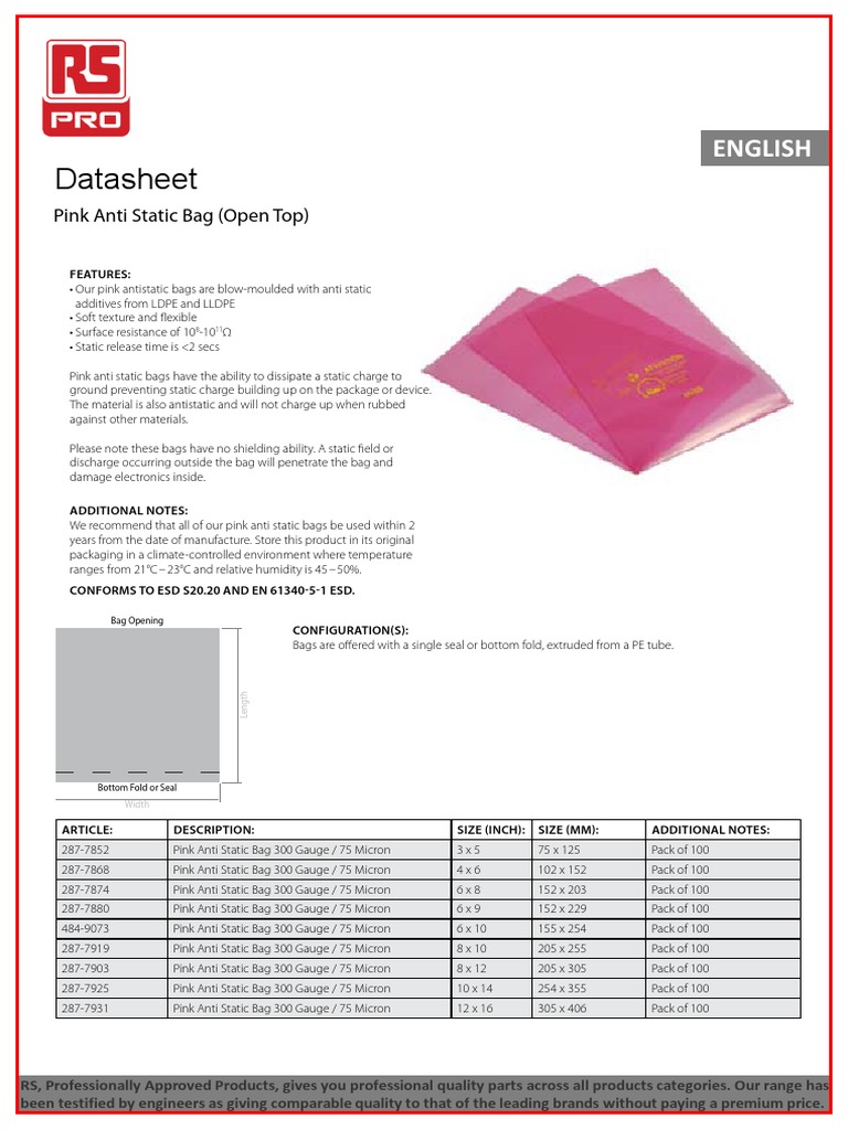 Anti Static Bag Data Sheet 4 | PDF | Electrostatic Discharge | Materials