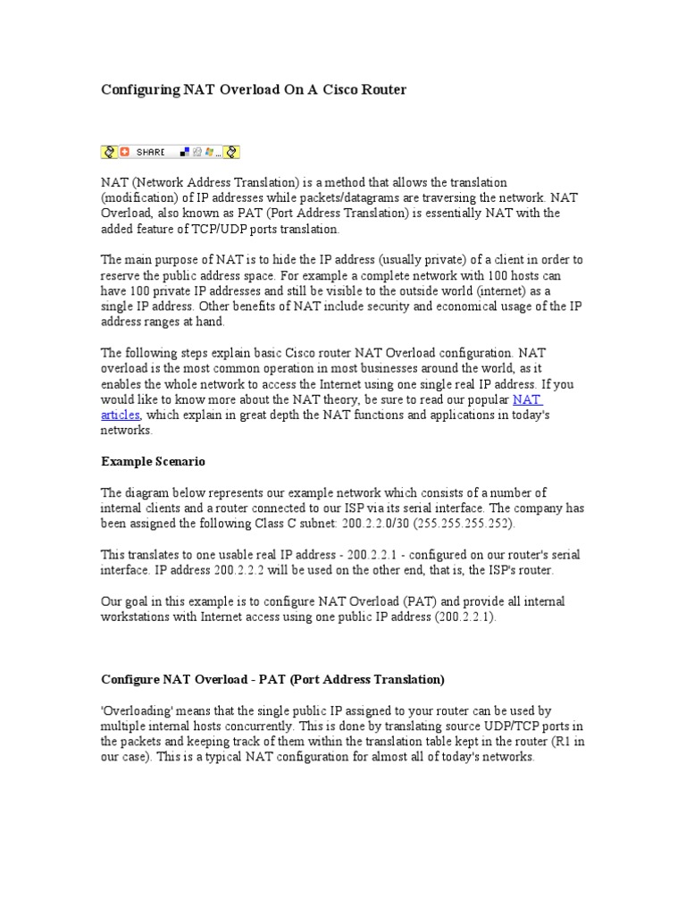Configuring NAT Overload On A Cisco Router | PDF | Ip Address | Router ... Configuring NAT Overload On A Cisco Router | PDF | Ip Address | Router ...