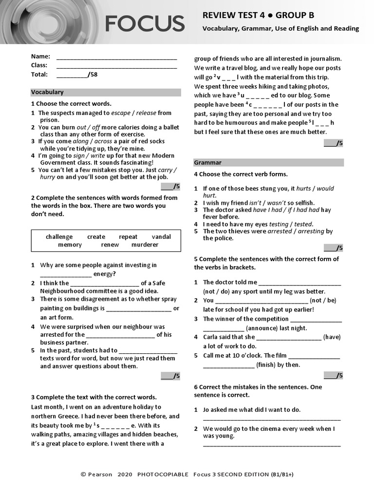 Focus3 2E Review Test 4 Units1 8 Vocabulary Grammar UoE Reading GroupB ...