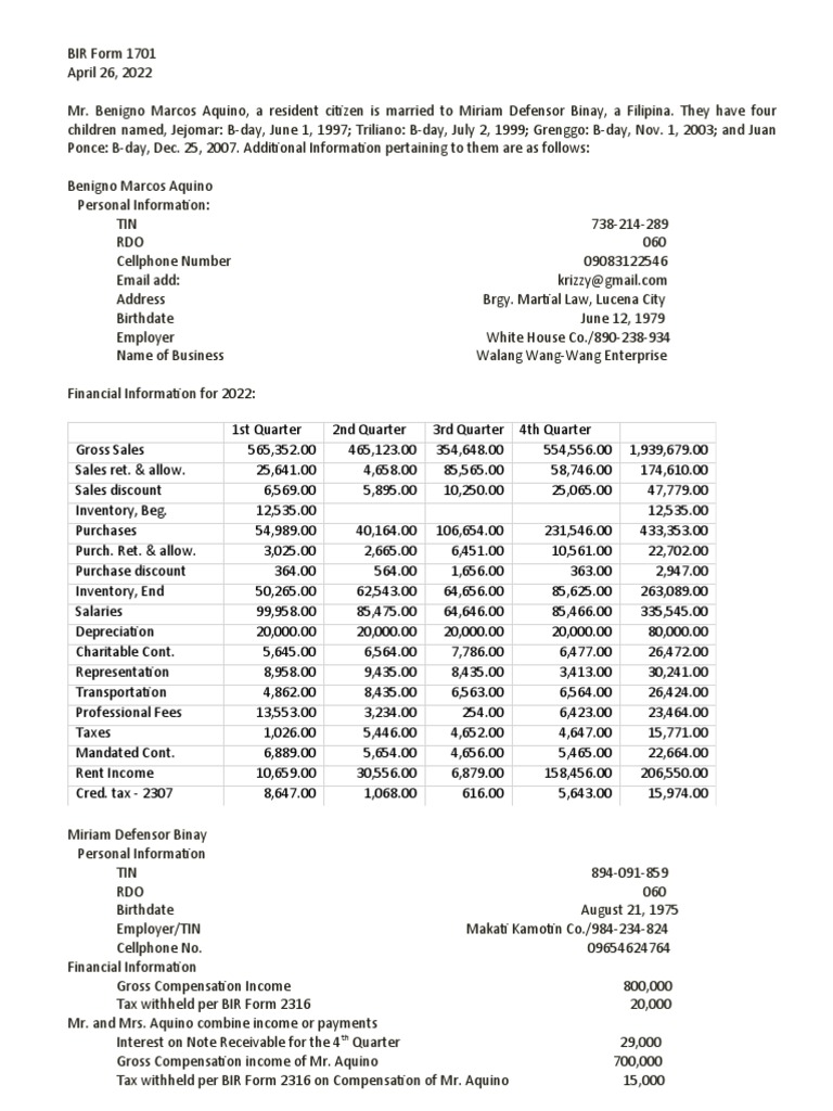 Bir Form 1701 2022 | Download Free PDF | Payments | Government Finances