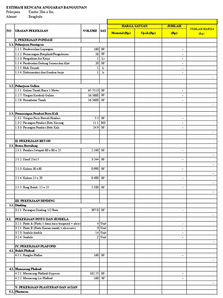 DRAFT Estimasi Perhitungan RAB Kantor 20m X 8m | PDF