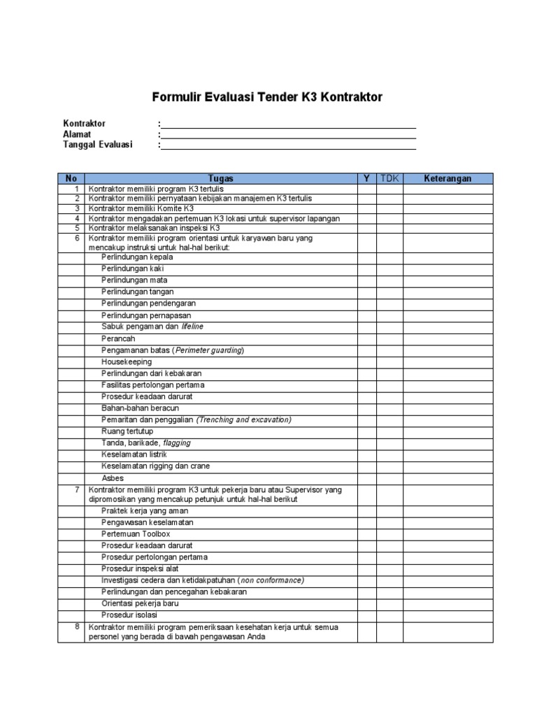 FORM 14. Formulir Evaluasi Tender K3 Kontraktor | PDF