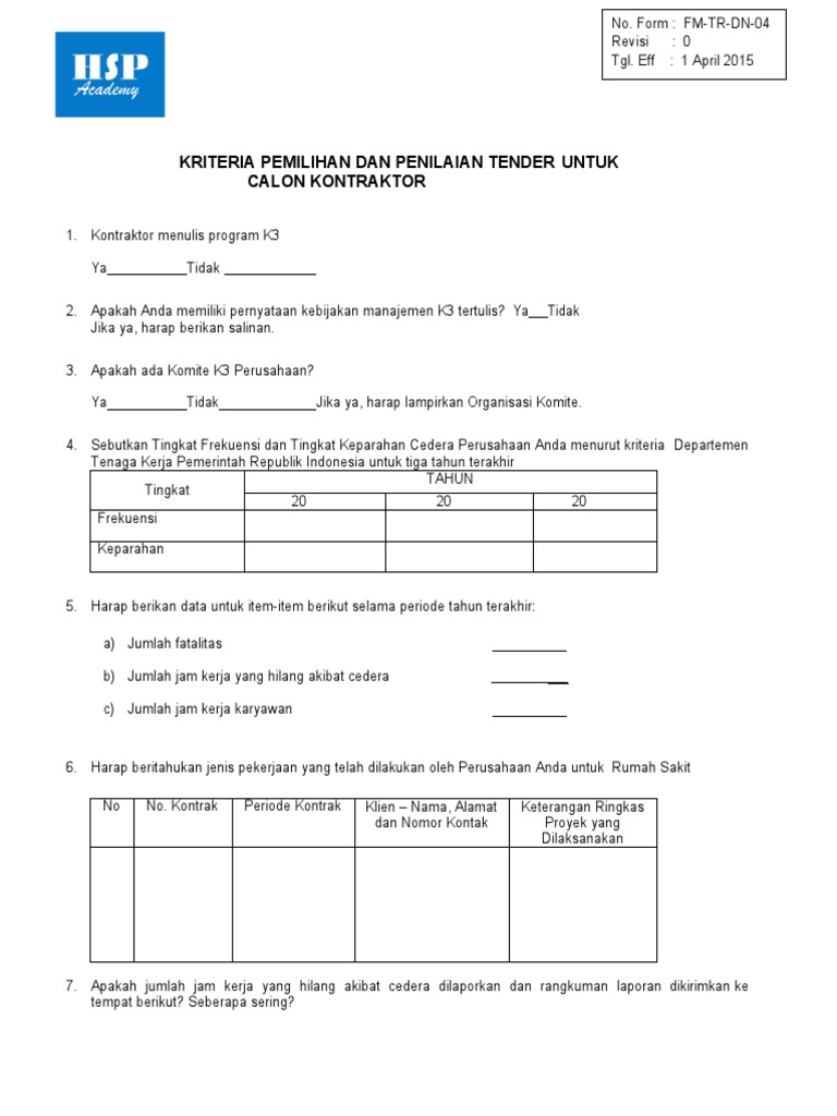 FORM 13. Kriteria Pemilihan Dan Penilaian Tender Untuk Calon Kontraktor | PDF | Karier ...