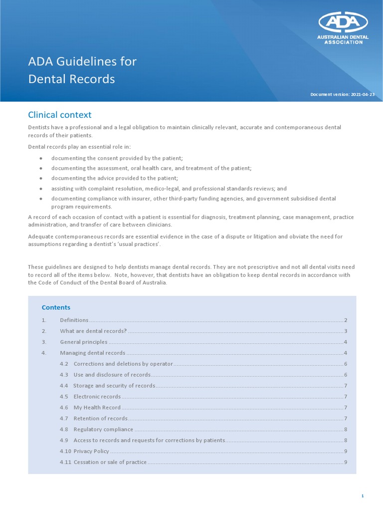 ADA Guidelines Dental Records | PDF | Informed Consent | Dentistry