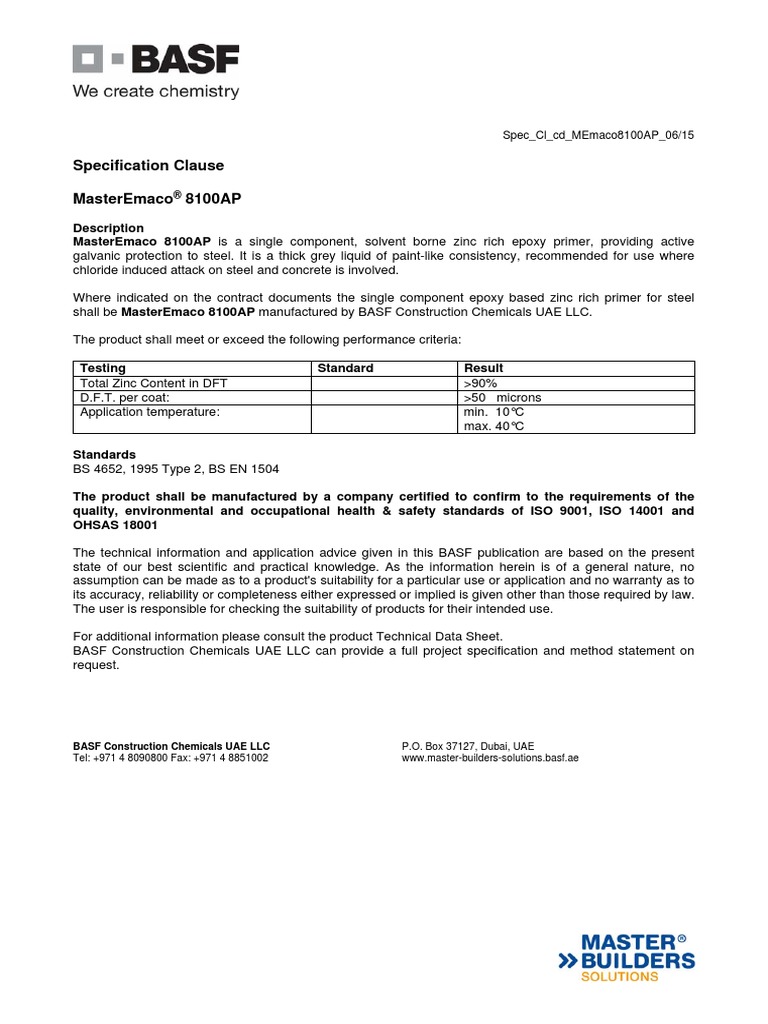 Basf Masteremaco 8100ap Spec 683015 | PDF