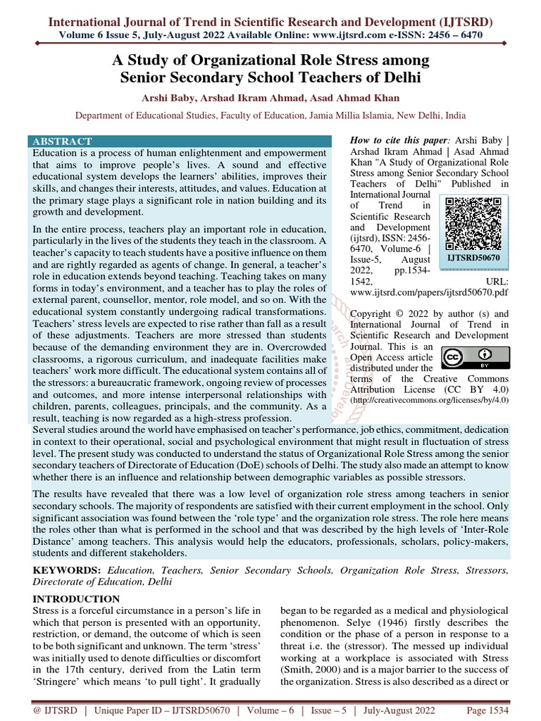 A Study of Organizational Role Stress Among Senior Secondary School ...
