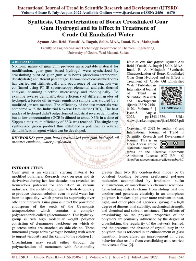 Synthesis Characterization Of Borax Crosslinked Guar Gum Hydrogel And Its Effect In Treatment