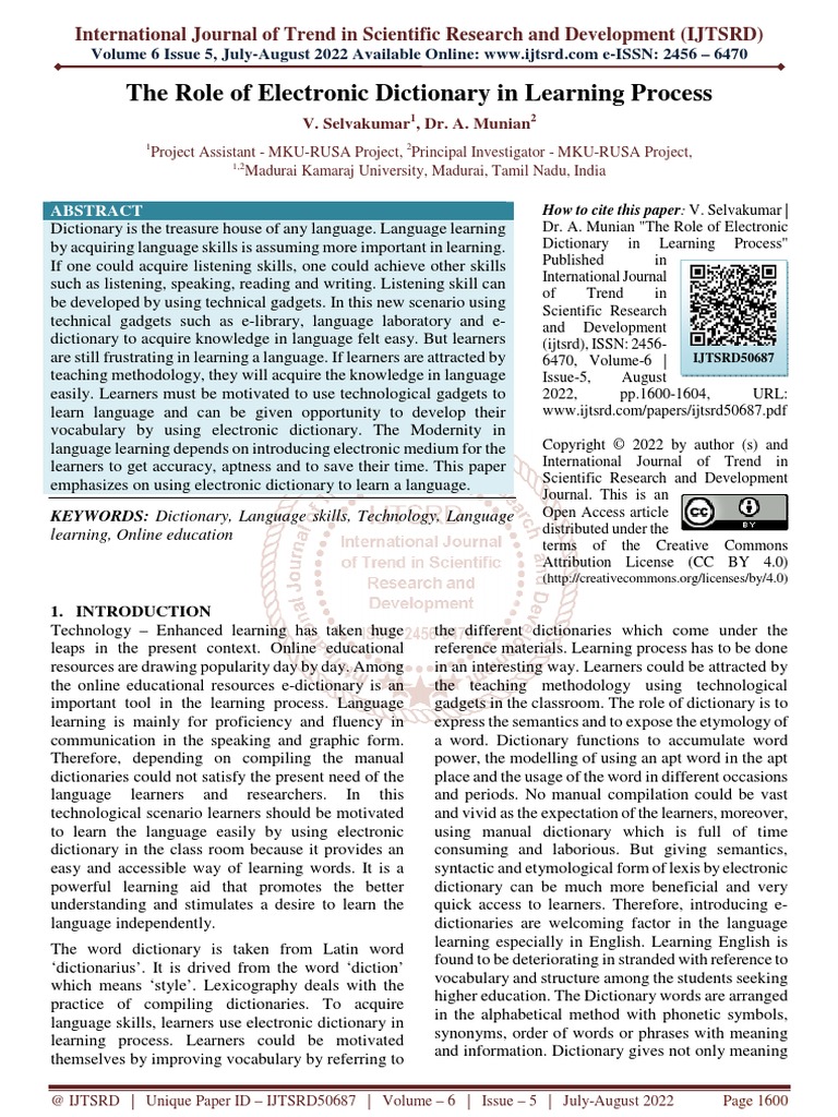 The Role of Electronic Dictionary in Learning Process | PDF | Learning ...