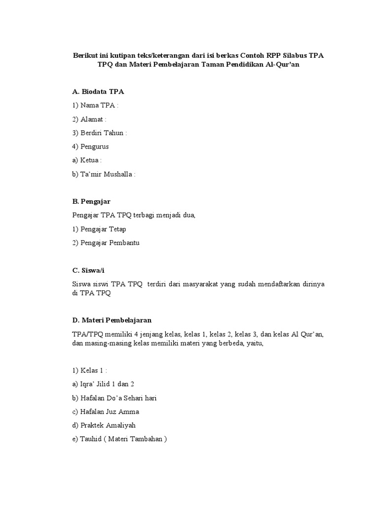Contoh Silabus RPP TKA TPA | PDF