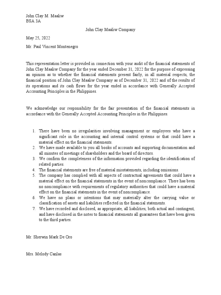 Management Representation Letter - 112039 | PDF | Law
