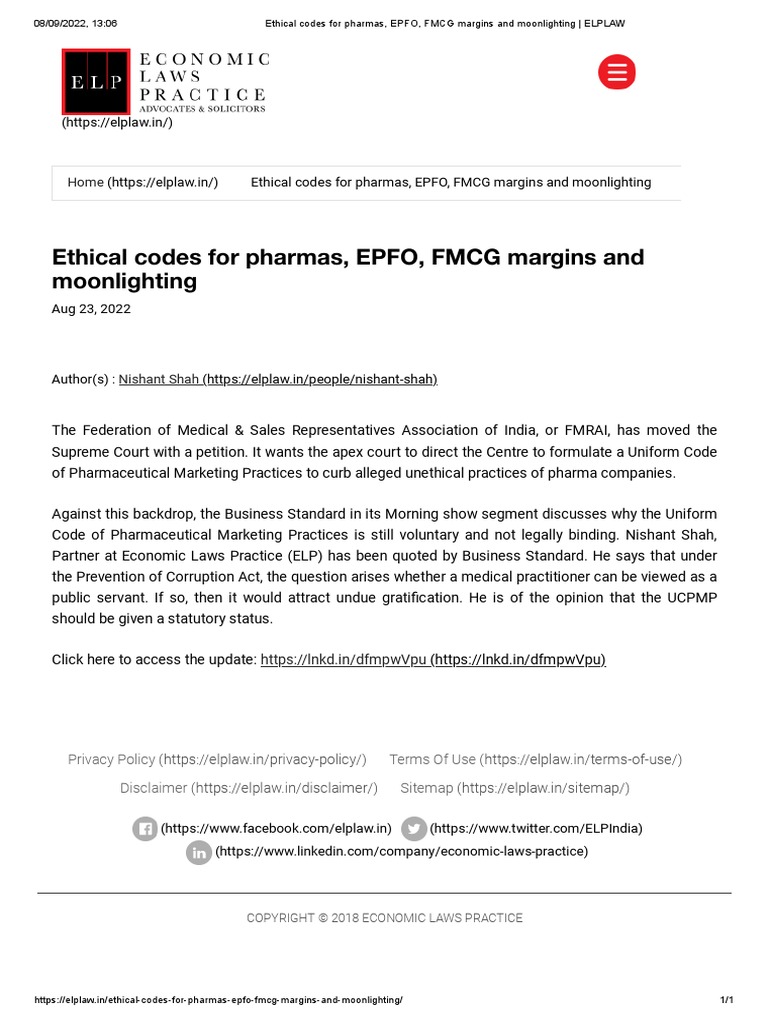 Ethical Codes For Pharmas, EPFO, FMCG Margins and Moonlighting | PDF