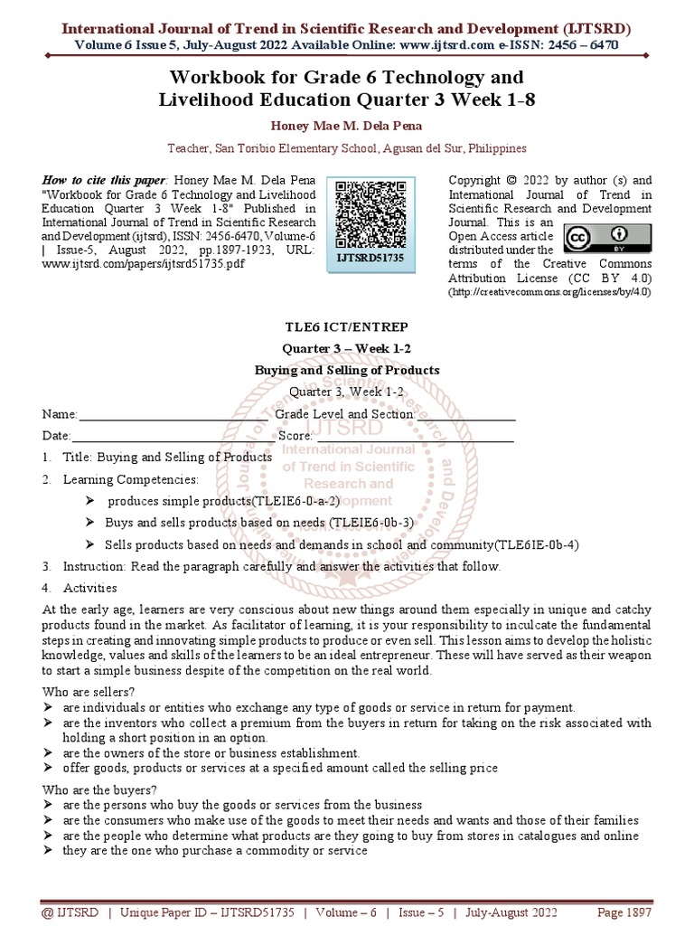 Workbook For Grade 6 Technology and Livelihood Education Quarter 3 Week ...